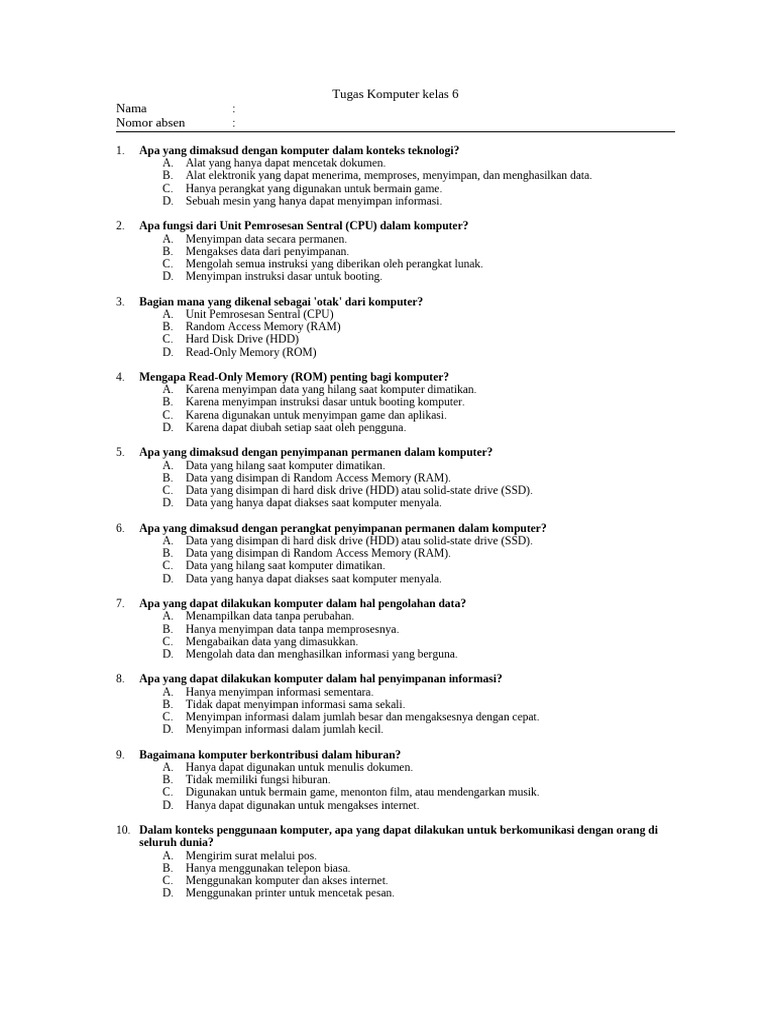 Tugas Komputer Kelas 6 | PDF