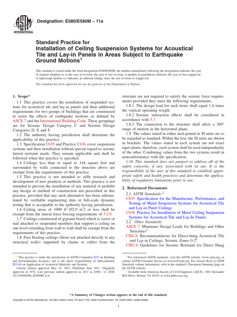 ASTM E580_E580M-11a - Ceiling Suspension Systems for Panel Ceilings in ...