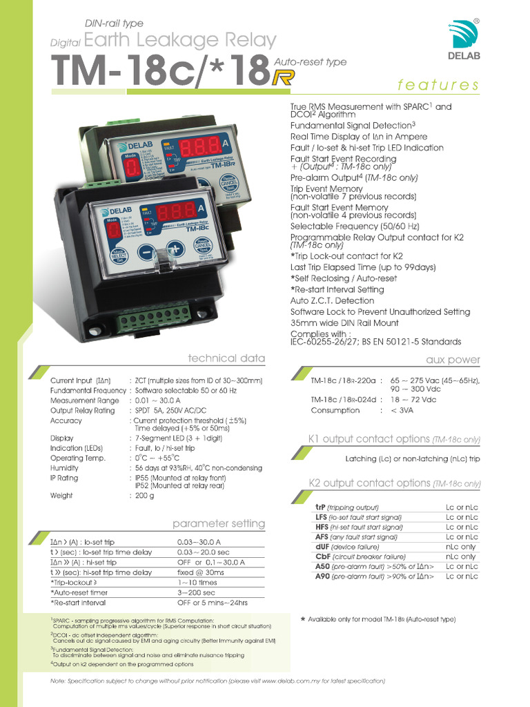 DELAB Digital Earth Leakage Relay Din Rail Type TM 18c - 18R Catalog | PDF