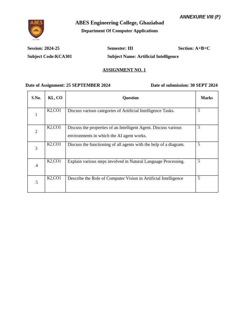 KCA301 Artificial Intelligence Assignment 1 | PDF