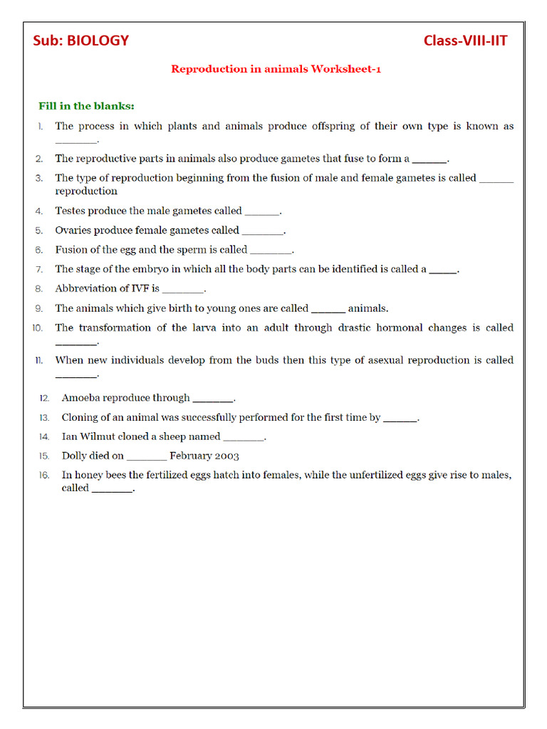 Reproduction in Animals-Practice Work Sheets 1 | PDF