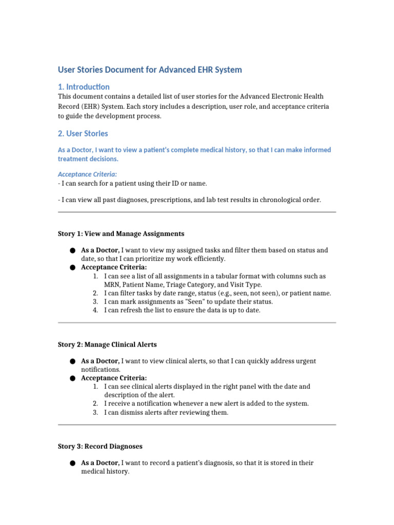 User Stories Document | PDF | Medical Diagnosis | Electronic Health Record