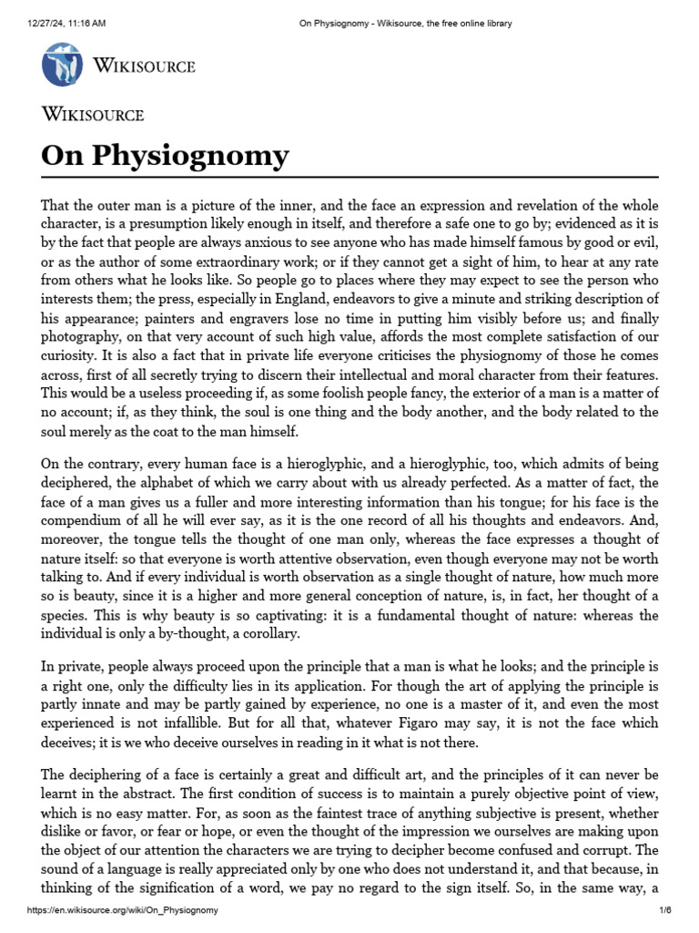 Arthur Schopenhauer - On Physiognomy | PDF | Thought | Beauty
