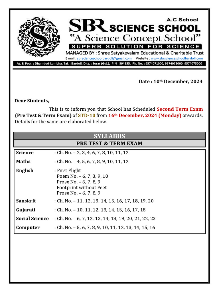 199-Std-10-Second Term Exam-2024 - S | PDF