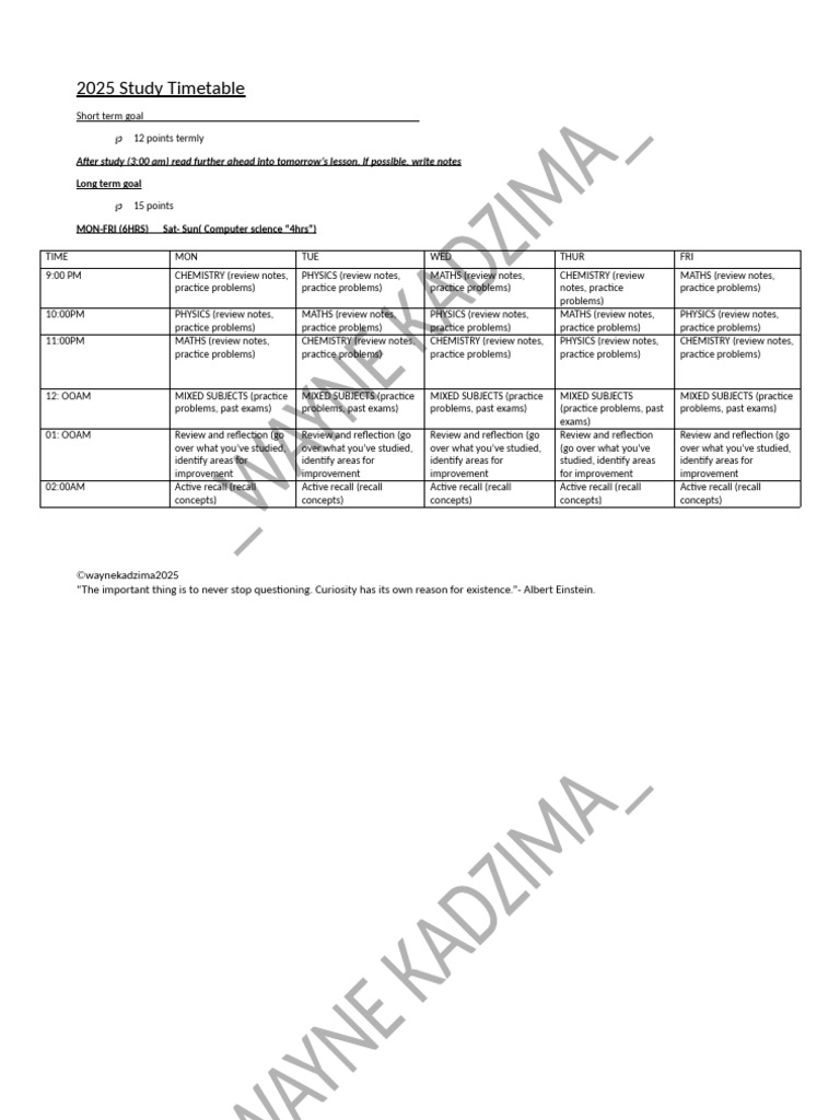 2025 Study Timetable | PDF | Physical Sciences | Observation