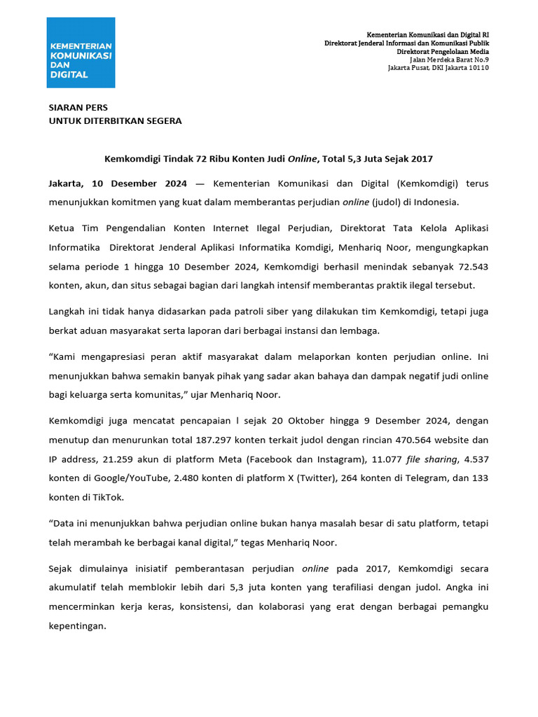 (Siaran - Pers - Stop - Judol - 10122024) - Kemkomdigi Berantas Judol | PDF