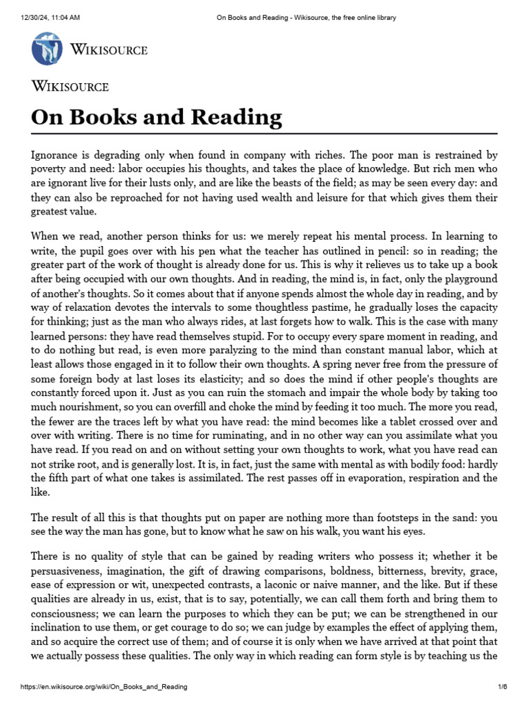 Schopenhauer on the Value of Reading | PDF | Georg Wilhelm Friedrich ...
