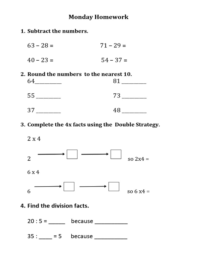 Monday Math Homework Assignments | PDF