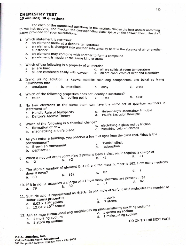 Chemistry Test | PDF