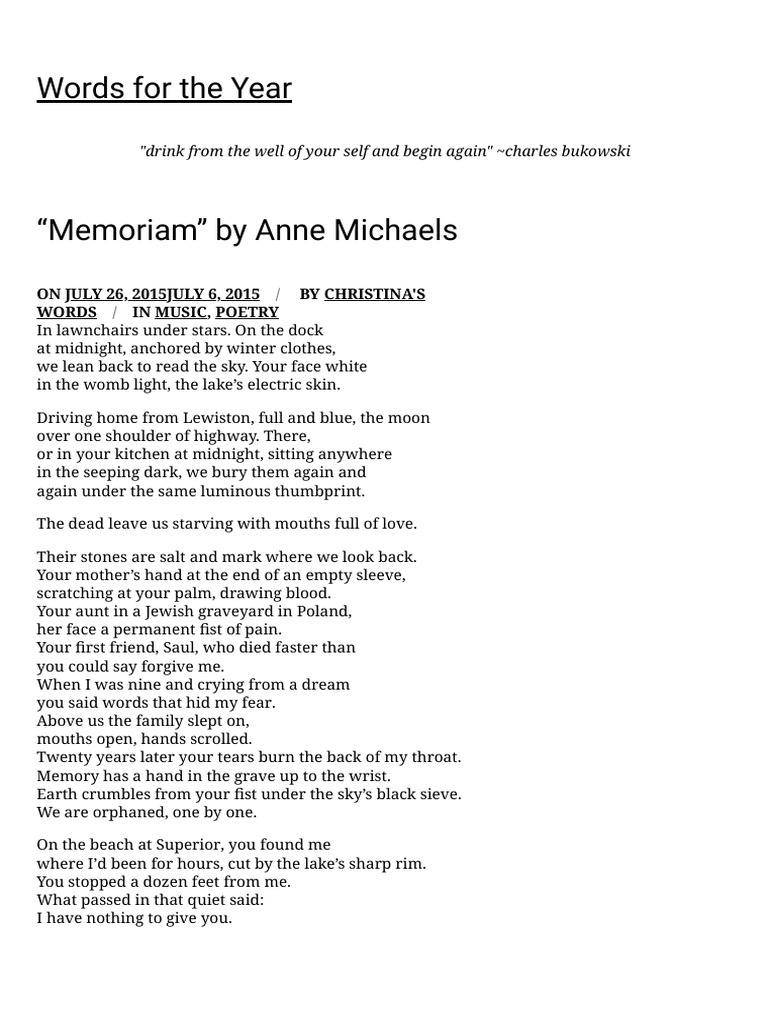 "Memoriam" by Anne Michaels - Words For The Year | PDF