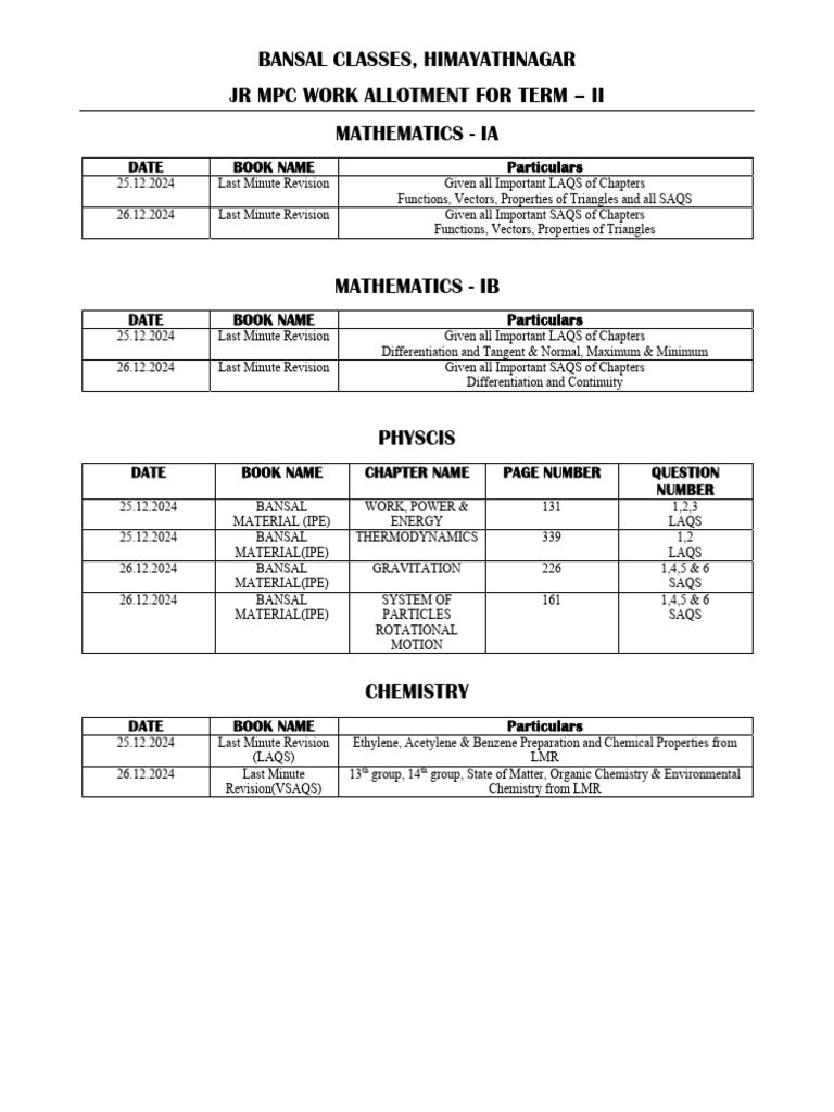 JR MPC WORK ALLOTMENT FOR TERM – II | PDF | Applied And Interdisciplinary Physics | Physical ...
