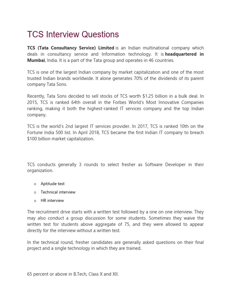 TCS Interview Prep: Key Questions | PDF | Class (Computer Programming ...