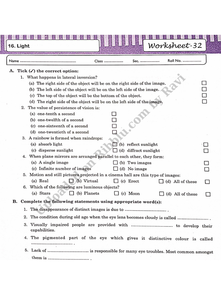 Important Questions For Light Class 8 Science Chapter 16 | PDF