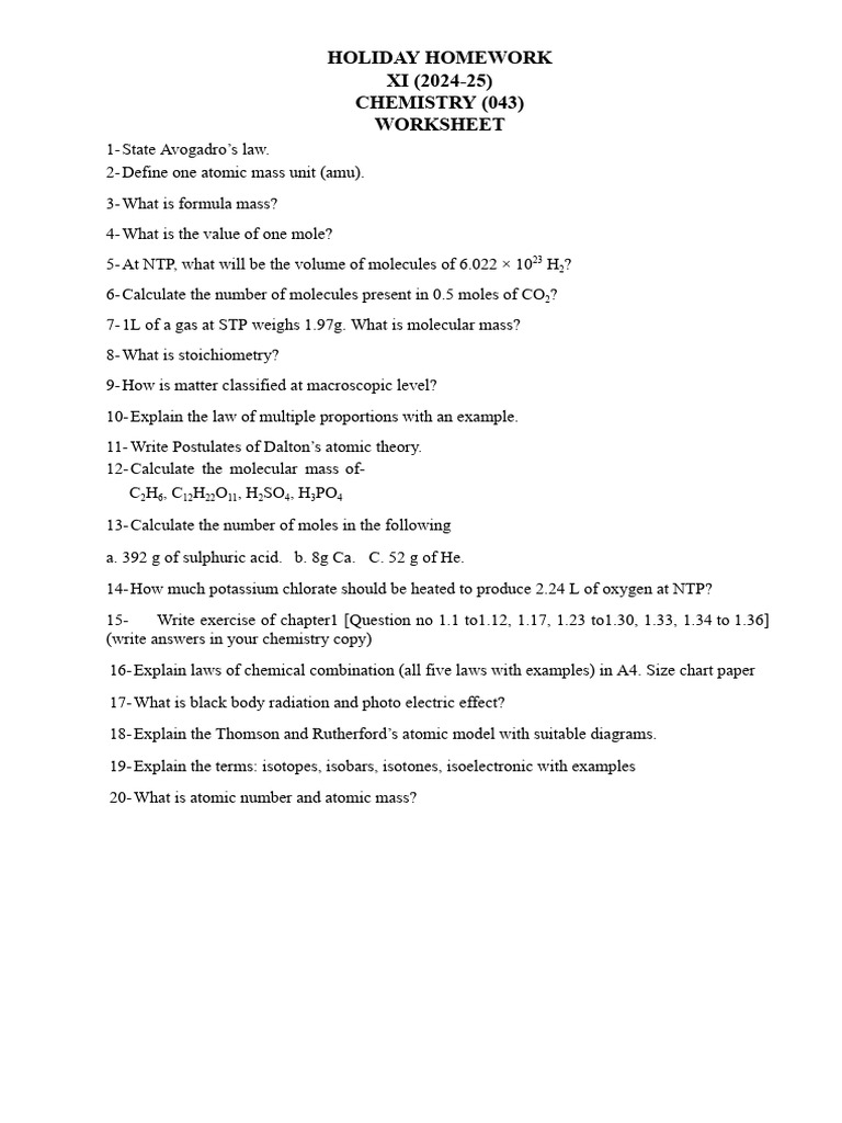 Chemistry XI Holiday Homework 2024-25 | PDF