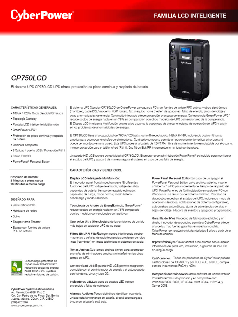 Cyberpower Ds Cp750lcd Nema Es v1 | PDF | USB | Pantalla de cristal líquido