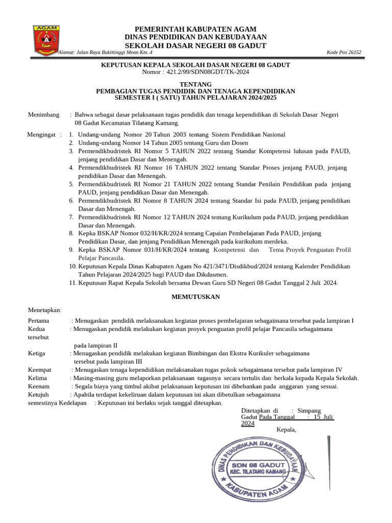 SK PEMBAGIAN TUGAS T.P 2024-2025 SM 1 JULI 2024 | PDF