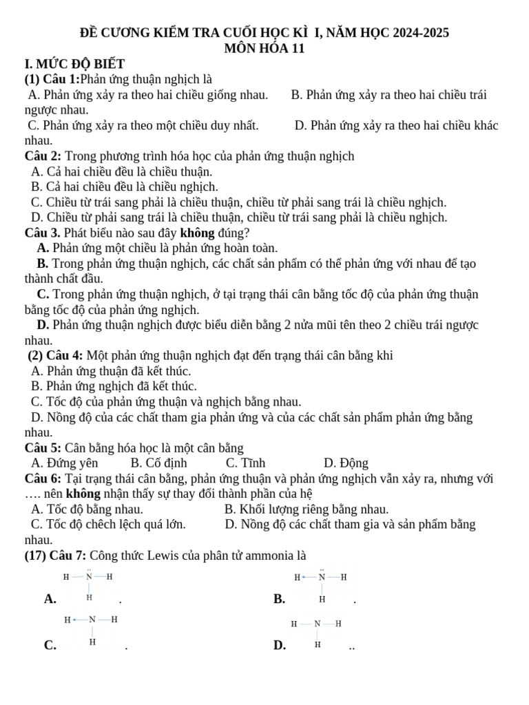 ĐỀ CƯƠNG CK1 HOÁ 11,2024-2025- HS | PDF