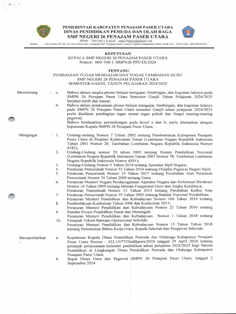 Sk Pembagian Tugas 2024-2025 | PDF