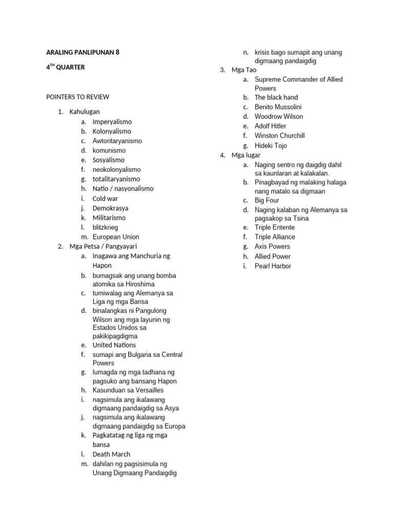 Araling Panlipunan 8 Pointers To Review | PDF