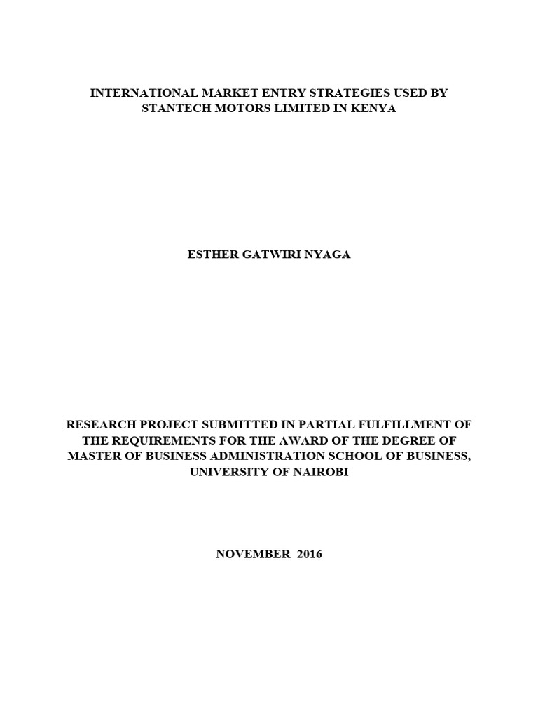 Nyaga - International Market Entry Strategies Used by Stantech Motors Limited in Kenya | PDF ...