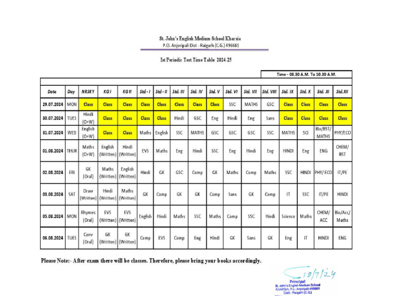 1st Periodic Test Time Table 2024-25 | PDF