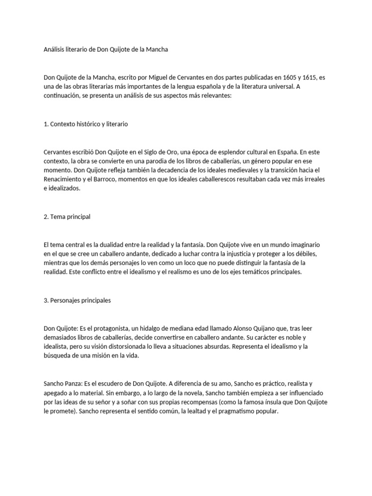 Análisis Literario de Don Quijote de La Mancha | PDF | Don Quijote