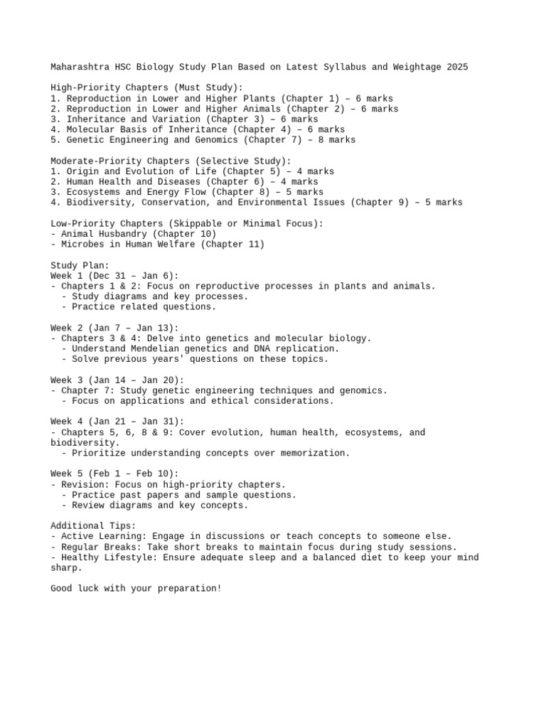 Maharashtra HSC Biology Study Plan 2025 | PDF