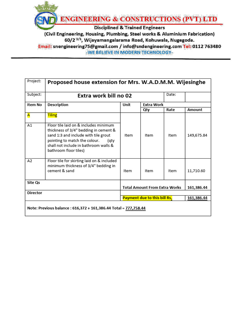 Extra work bill 2 | PDF