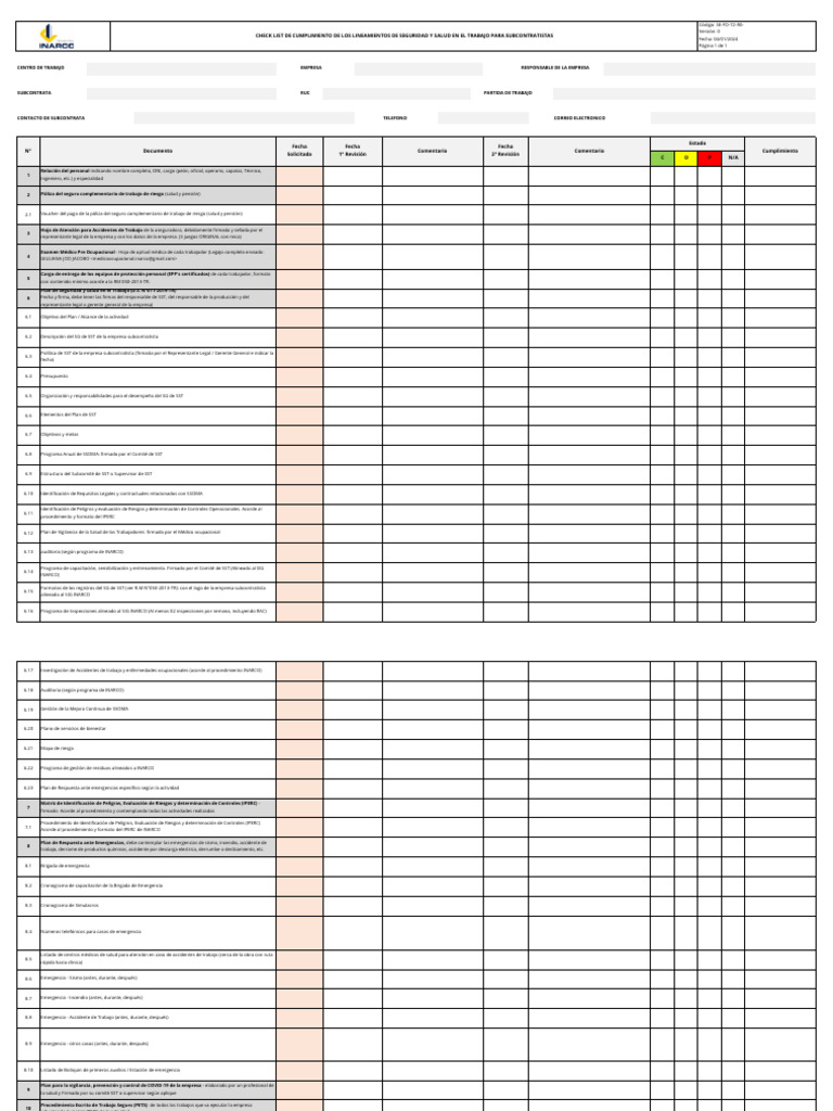 Copia de SE-FO-72-R0- Check List Cumplimiento SST Subcontratista | PDF Copia de SE-FO-72-R0- Check List Cumplimiento SST Subcontratista | PDF