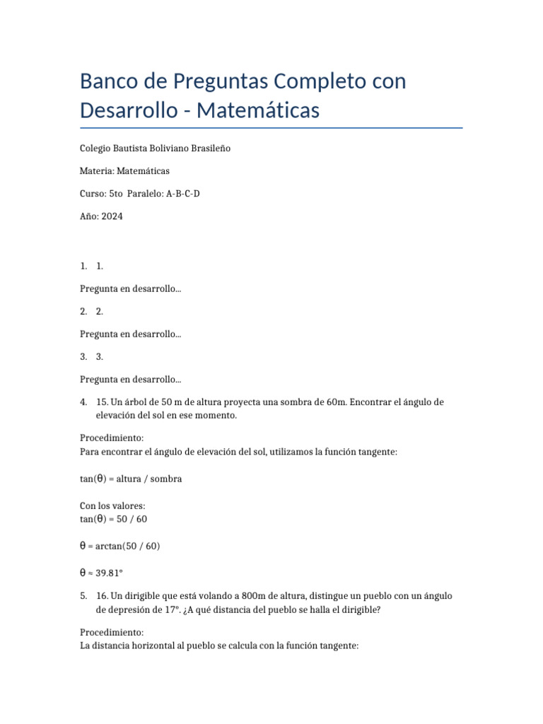 Banco de Preguntas Matematicas Completo Desarrollado | PDF