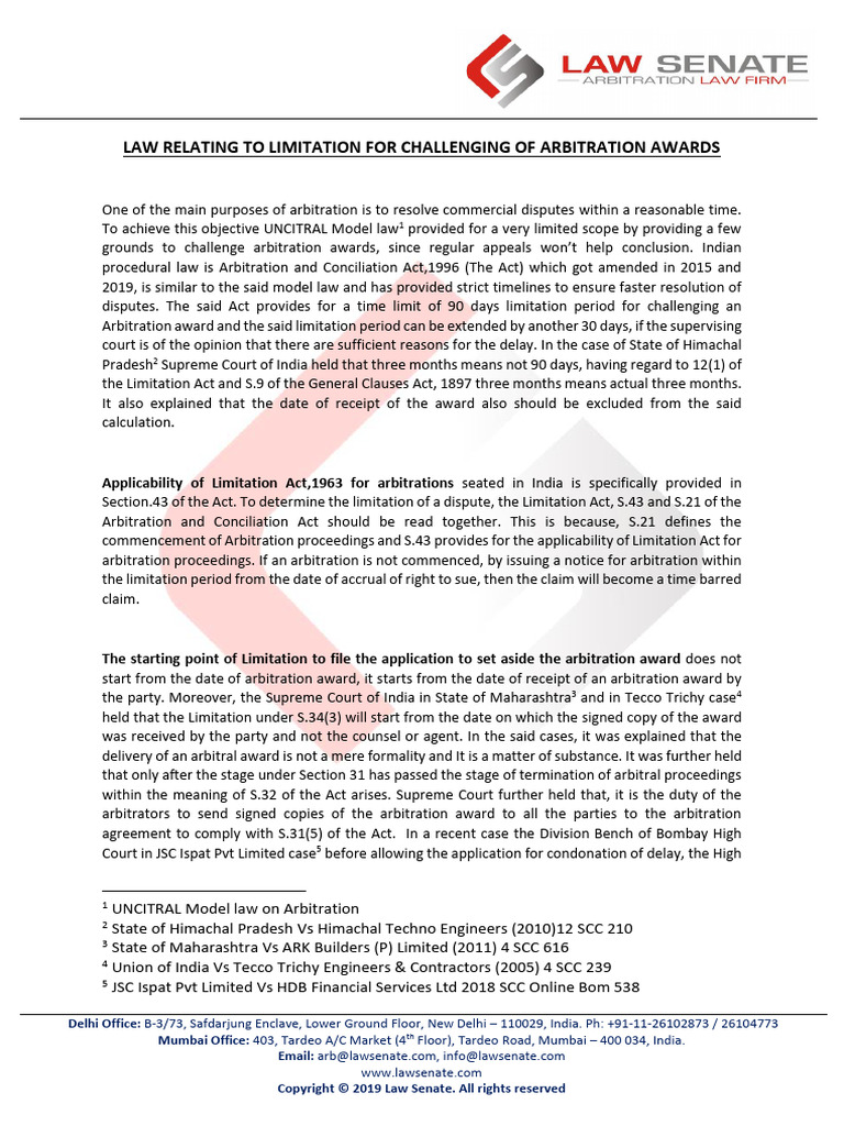 Limitation for Challenging Arbitration Awards | PDF | Arbitration | Justice