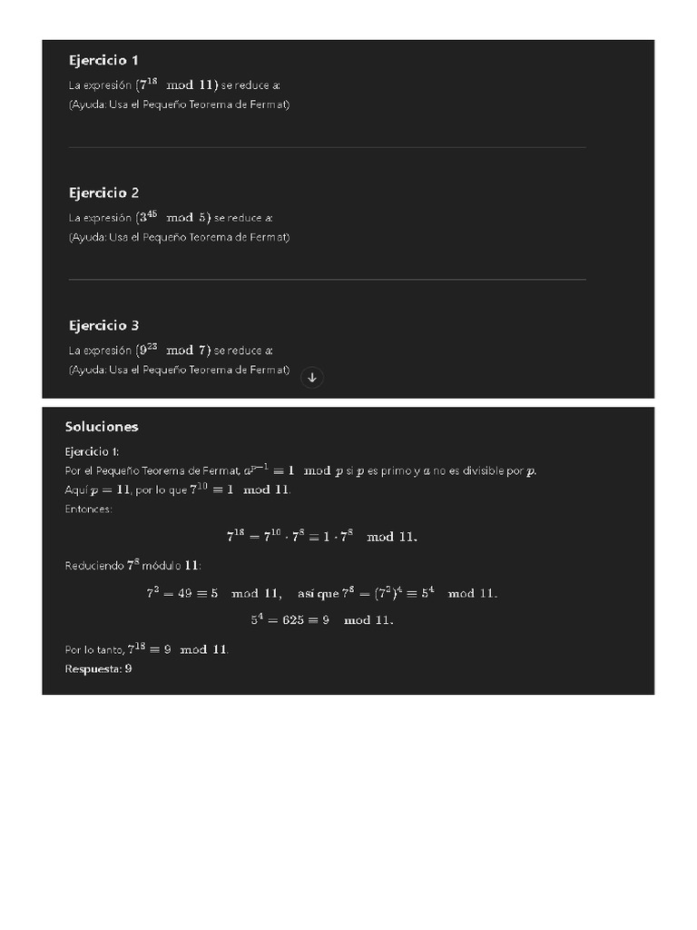 Ejercicios pequeño teorema de Fermat | PDF