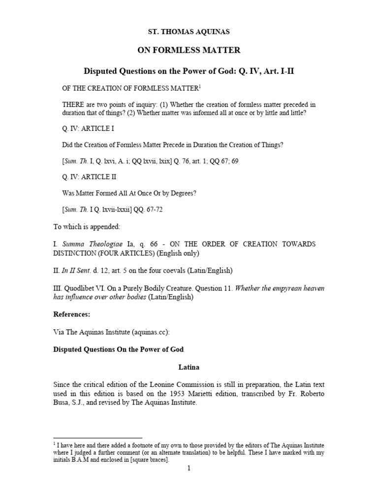 On Formless Matter - Two Disputed Questions | PDF | Religious Belief ...