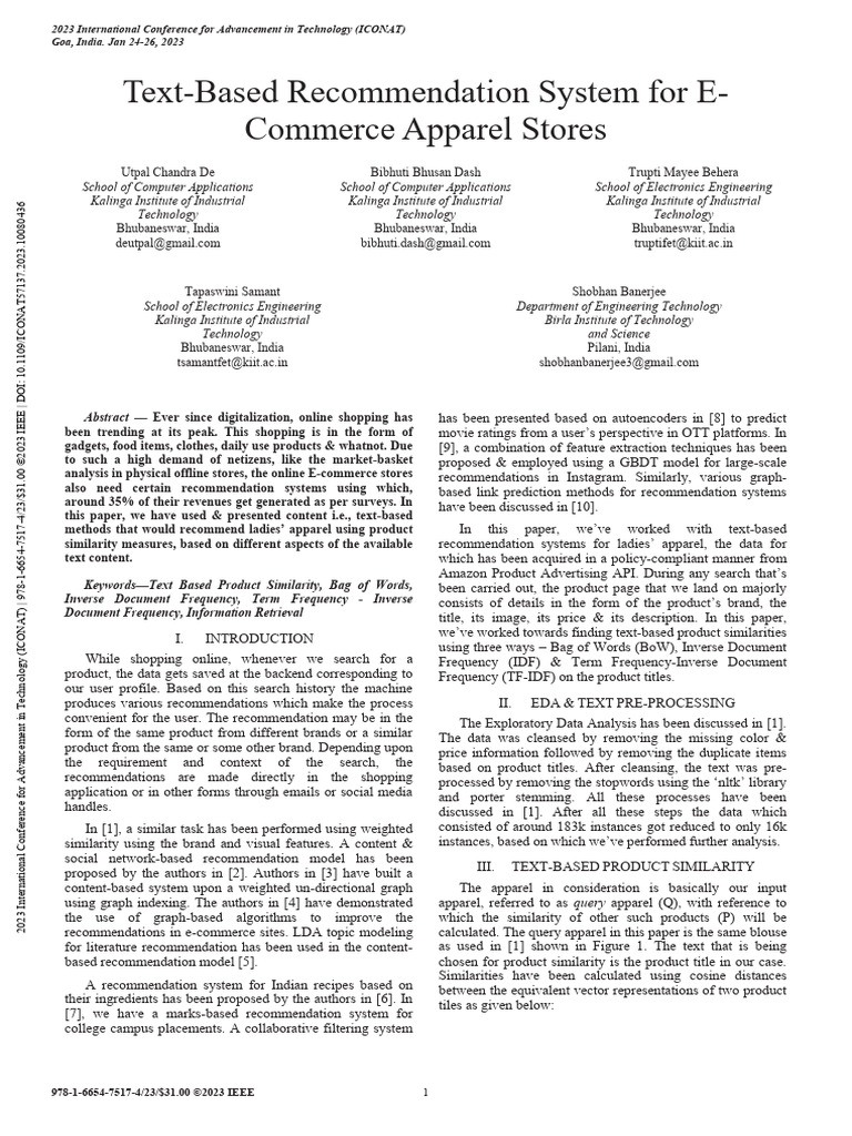 Text-Based Recommendation System For E-Commerce Apparel Stores | PDF ...