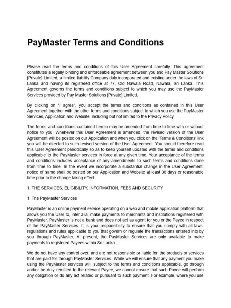 PayMaster Terms and Conditions | PDF | Payments | Credit Card