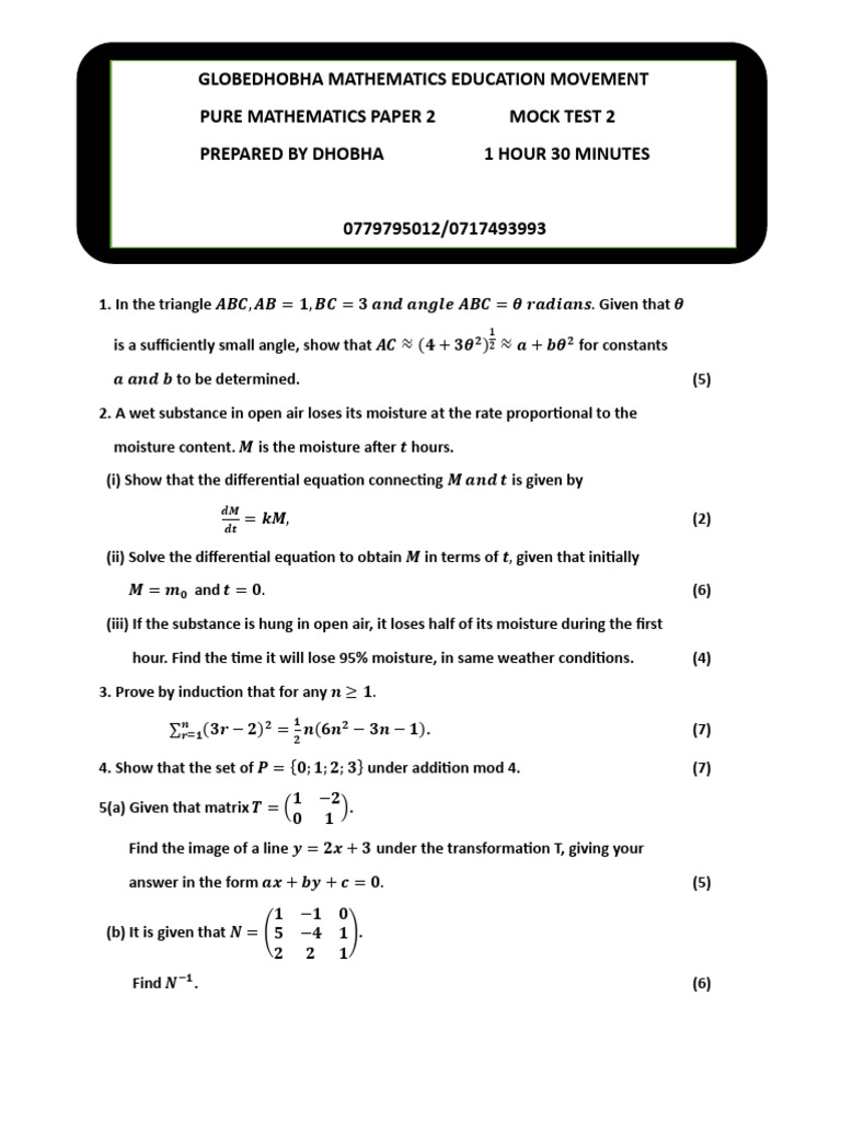 Pure Mathematics Paper 2 Mock Test 2 by Dhobha | PDF