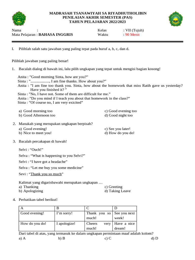 Soal Pas Bahasa Inggris KLS 7 2022 | PDF