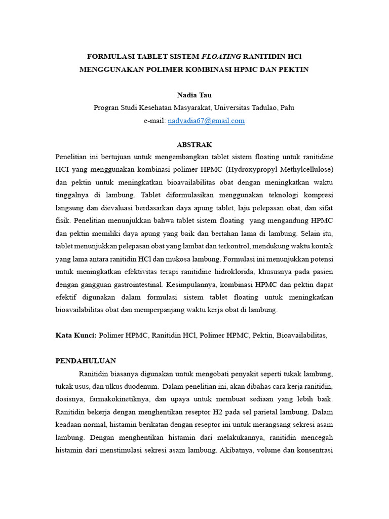 Tablet Floating Ranitidin HCl dengan HPMC dan Pektin | PDF