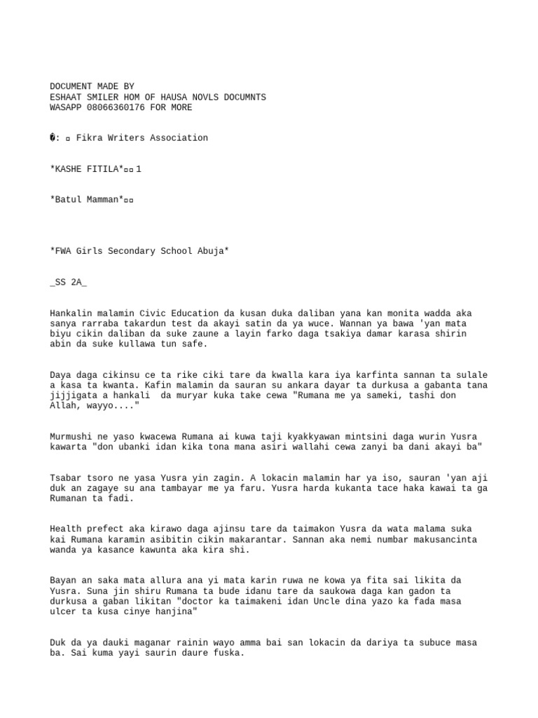 KASHE FITILA Book Complete by Batul Mamman - TXT by Arewanovels - Com ...