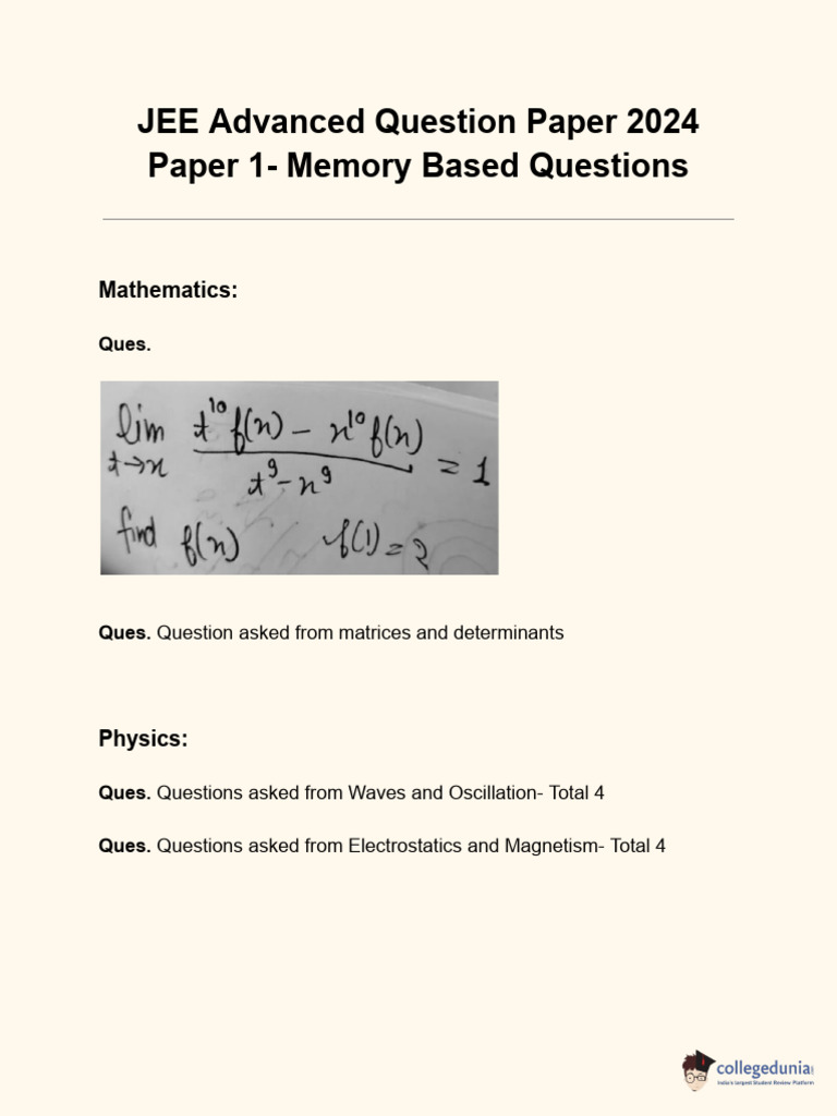 JEE Adv 2024 Paper 1 Questions | PDF