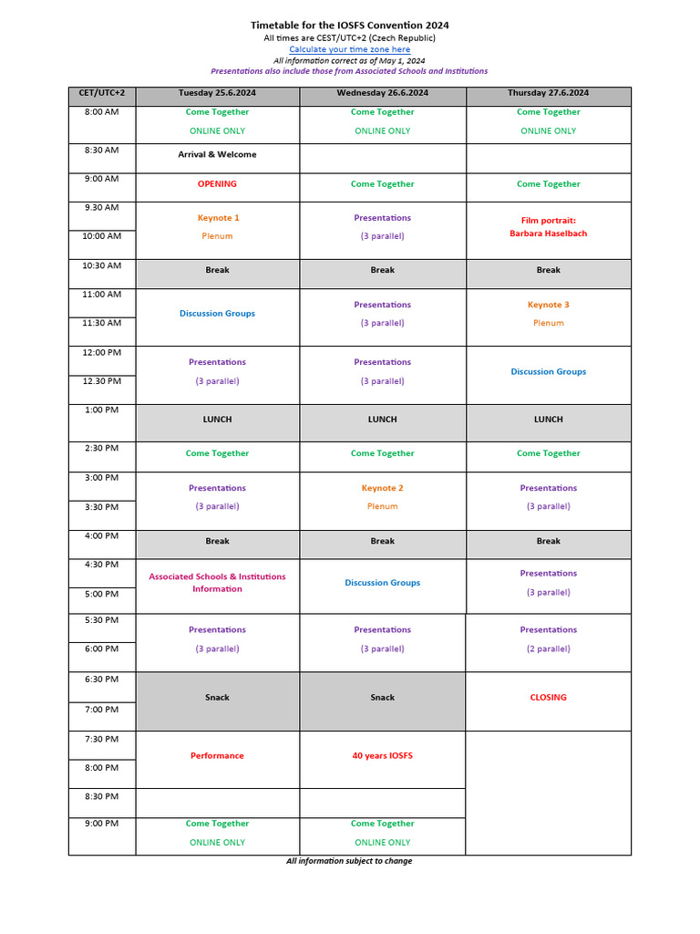 Timetable Overview Convention 2024 | PDF | Geography | Spacetime