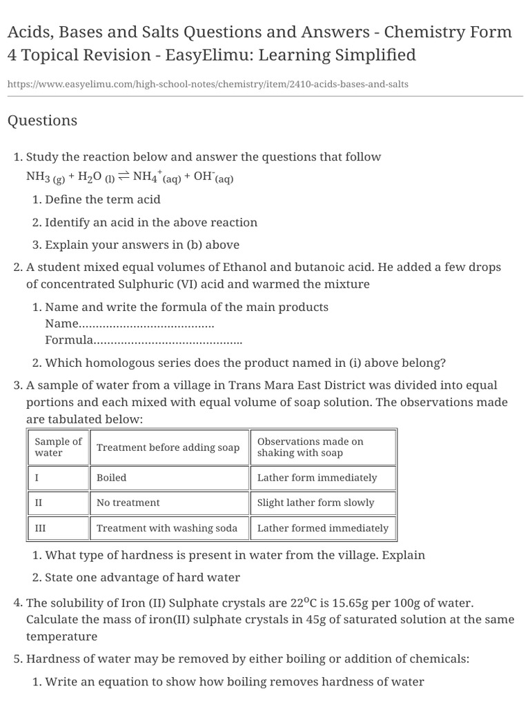 Acids, Bases, and Salts Q&A for Form 2 | PDF | Solubility | Salt ...
