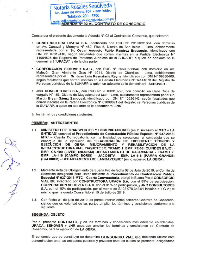 Adenda 2 Al Contrato de Consorcio Carretera 8R | PDF