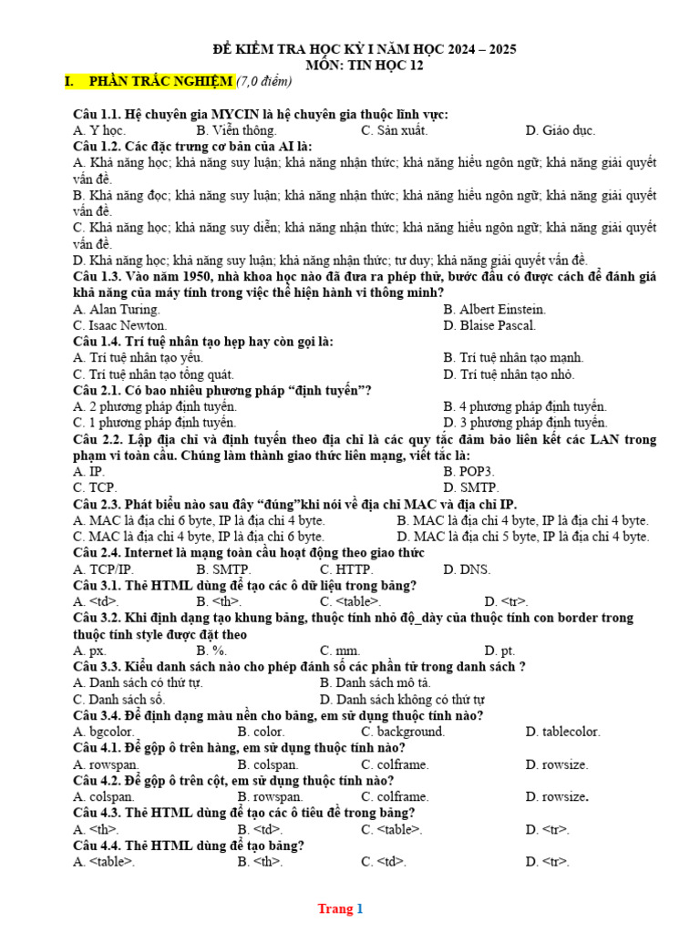 HK1 Tin 12 KNTT | PDF