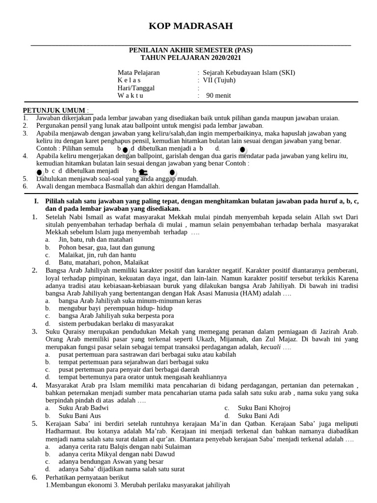 SOAL PAS SKI KELAS 7 2020 | PDF