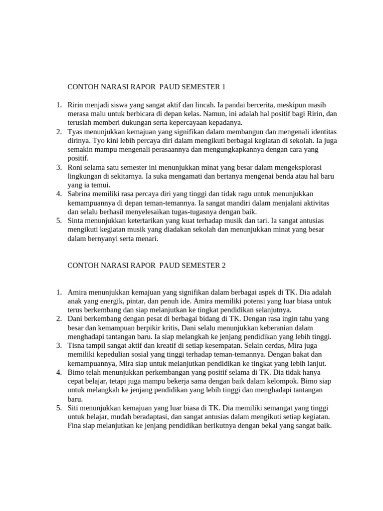 Contoh Narasi Rapor Paud Semester 1 | PDF