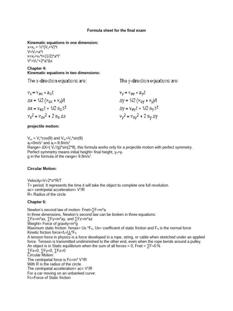 Physics Exam Formula Sheet | PDF | Torque | Acceleration