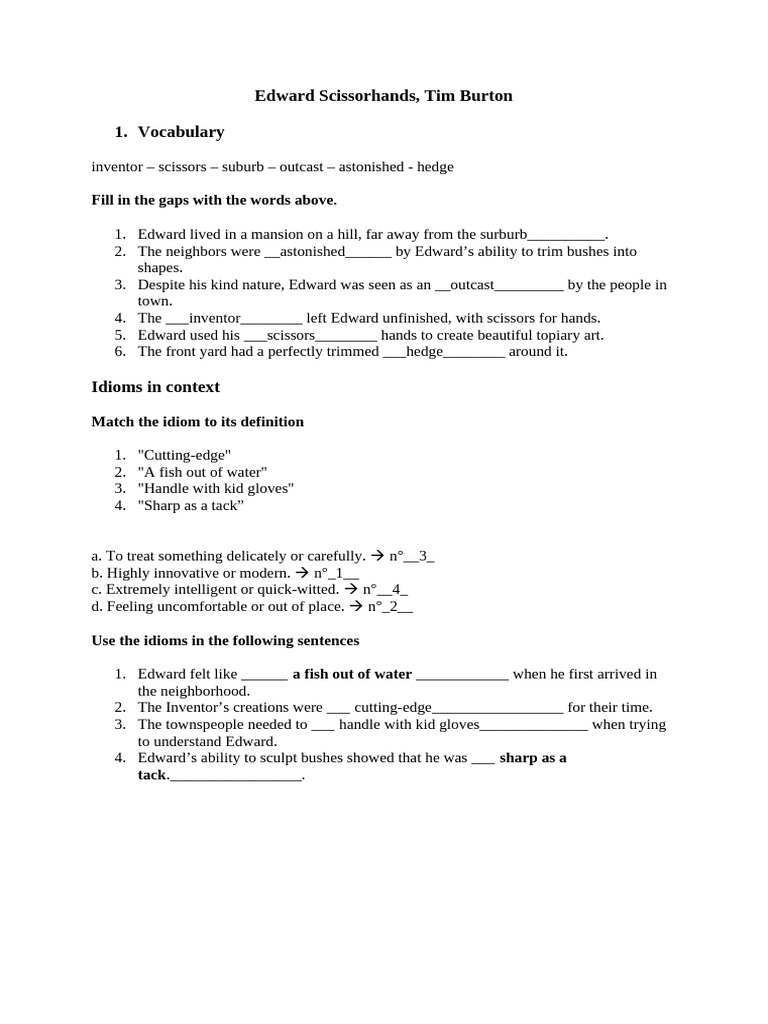 Edward Scissorhands Voc and Grammar Worksheet | PDF | Languages ...