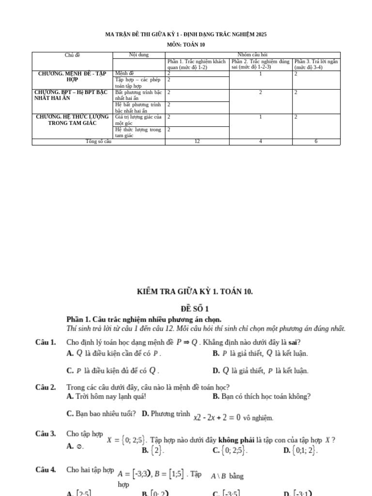 10 Đề Gk1 Lớp 10 - Khóa 2009 | PDF