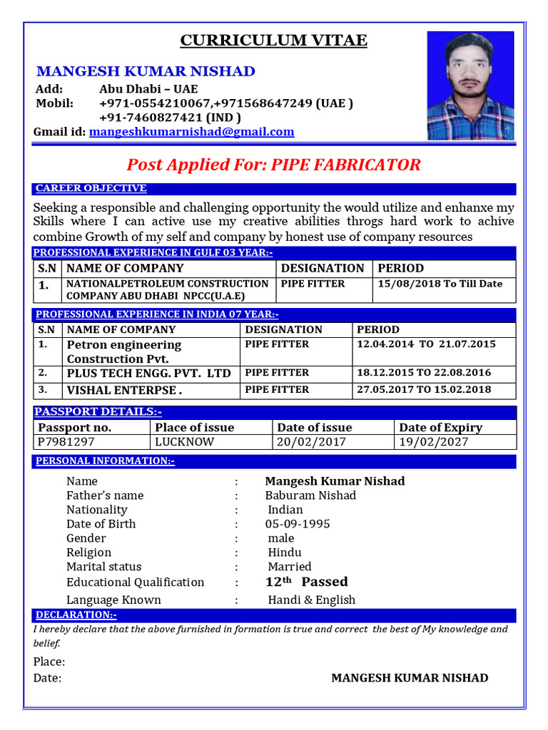 Pipe Fabricator CV | PDF